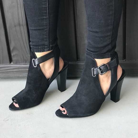 Urban Outfitters | Shoes | Black Suede Peep Toe Exposed Back Heel ...